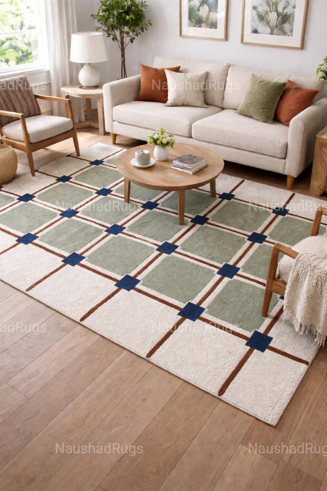 Sage Green Ivory Hand Tufted Rug| Box Pattern Rug Made in Newzeland ...
