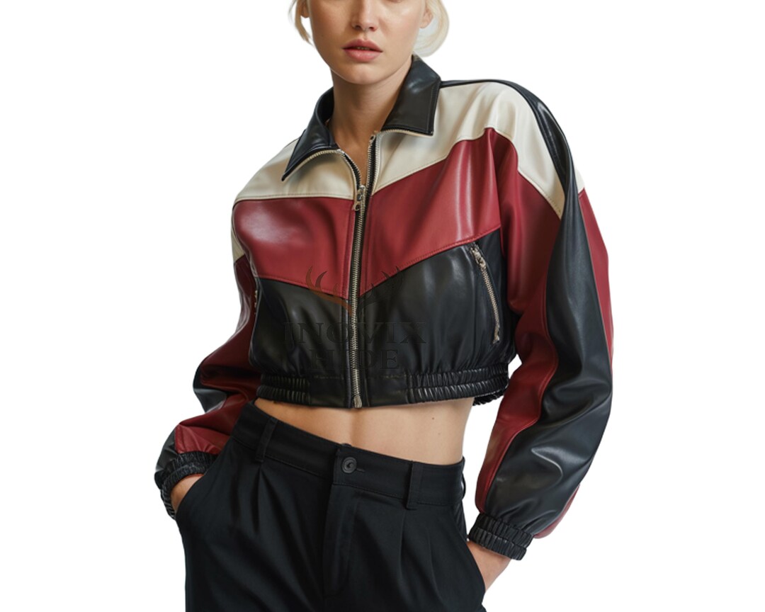 Vintage Retro Color Block Leather Jacket for Women – 80s Cropped Bomber ...