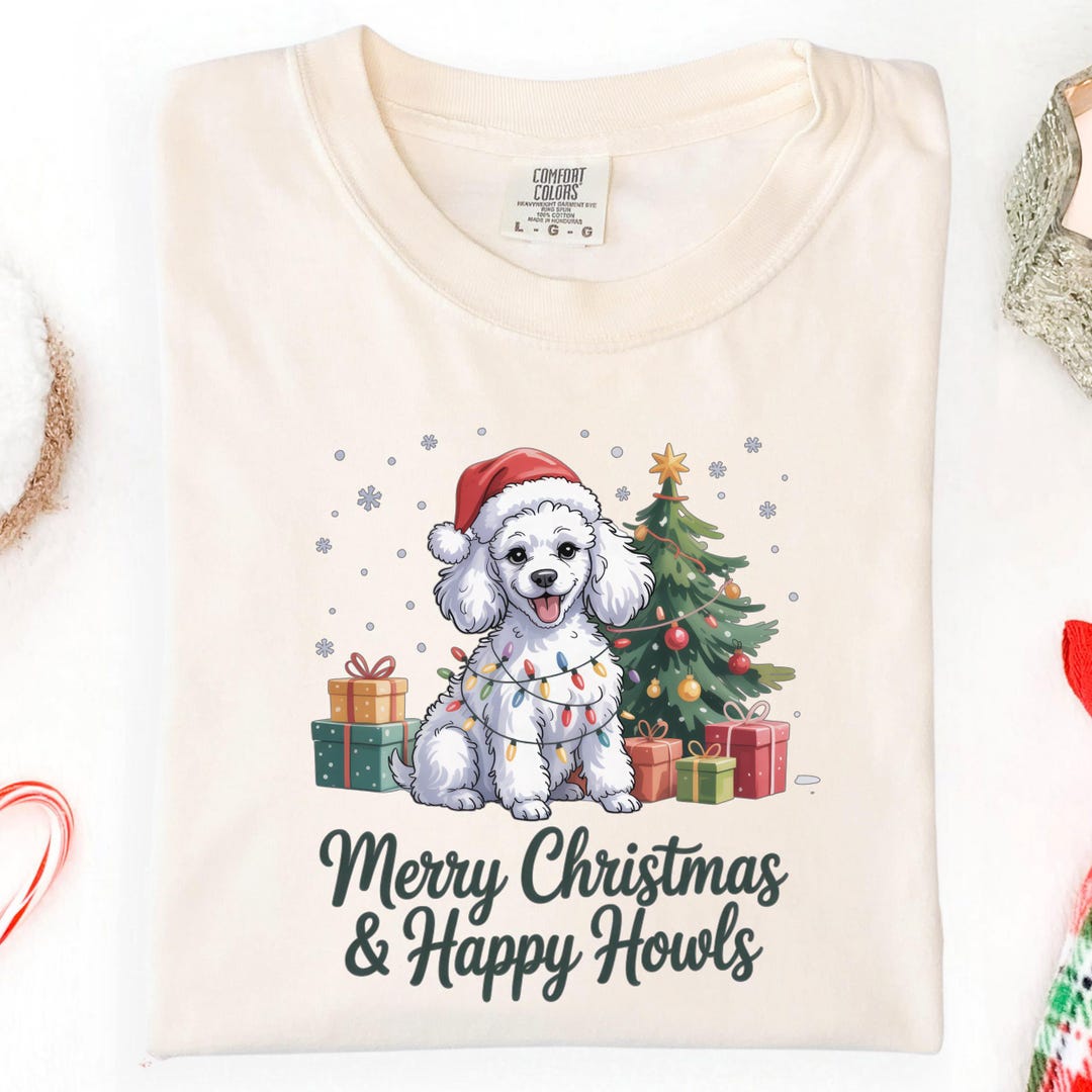 Merry Christmas & Happy Howls Dog Shirt, Comfort Colors Holiday Poodle ...