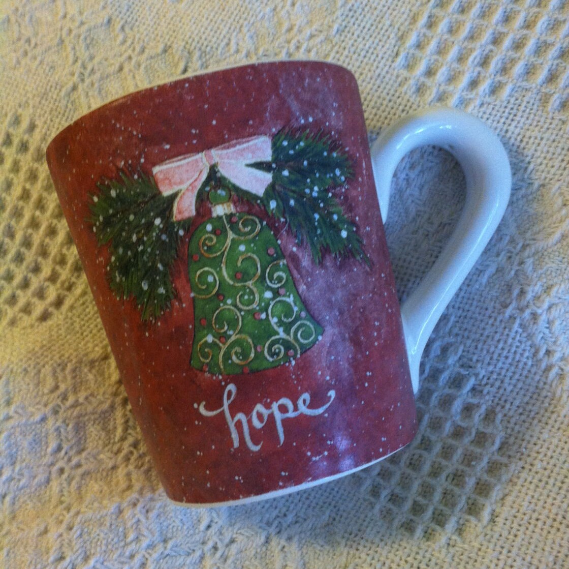 Christmas Joy Hope Mug Large Ceramic Red White Cup With Ornament Bell ...