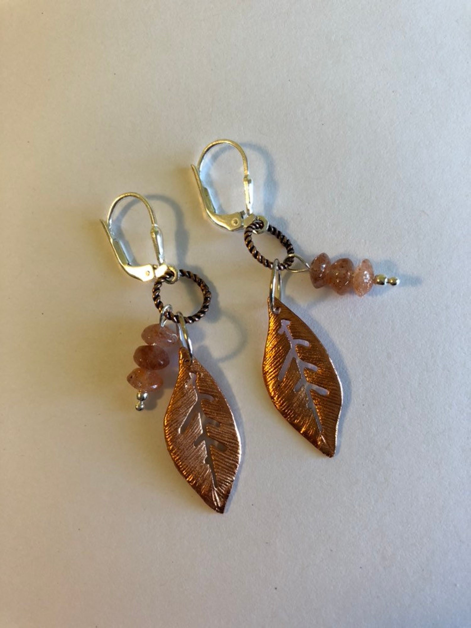 Copper Leaf and Sunstone Gemstone Earrings Handmade With Orange and ...