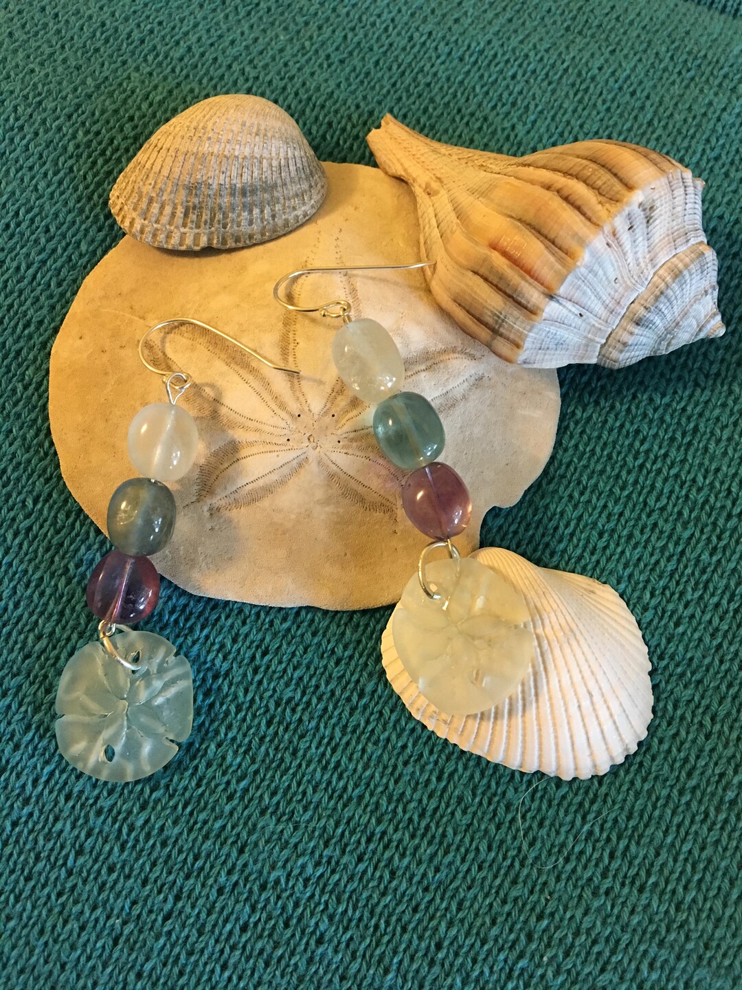 Sand Dollar Earrings Fluorite and Sea Glass Purple and Green Handmade ...