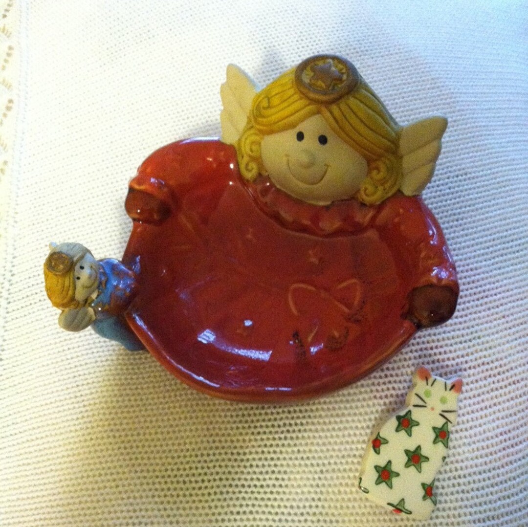Red Angel Trinket Dish Vintage Ceramic Jewelry Dish With Two Whimsical ...