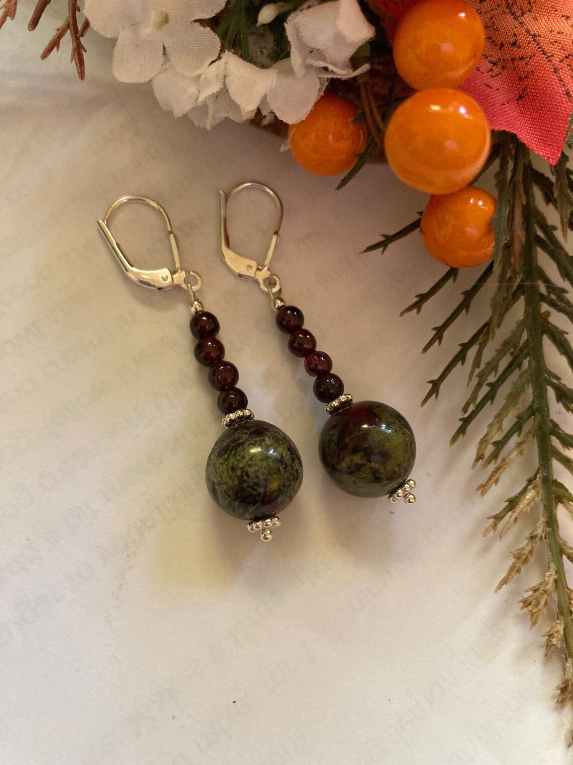 Jasper and Garnet Earrings Handmade With Dark Red Maroon and Dark Green ...