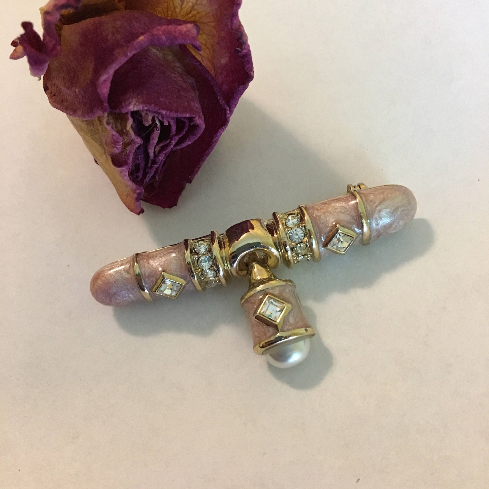Pink Enamel Bar Brooch Sandy Bella Pin With White Rhinestones and Faux ...