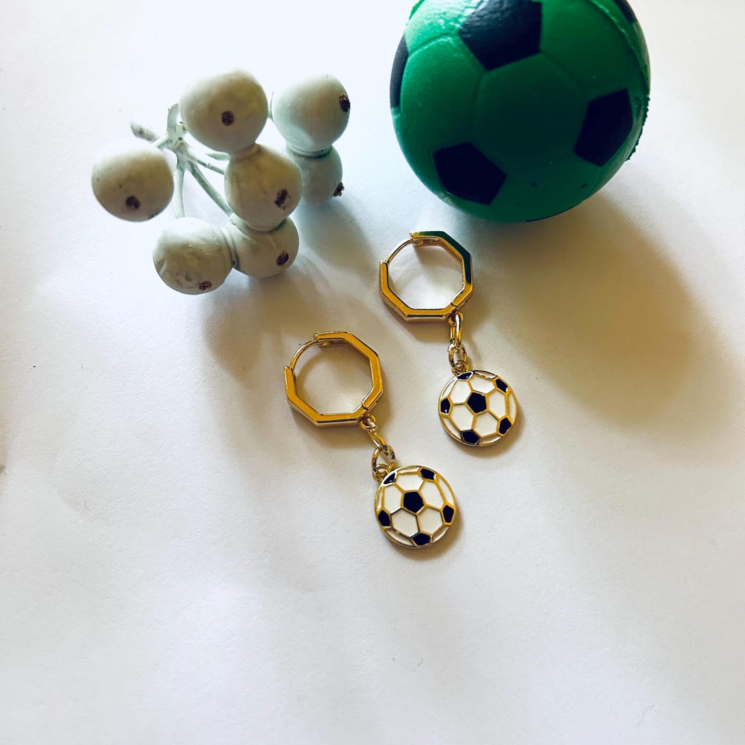 Soccer Ball Hoop Earrings 24K Gold Filled Black White Enamel Octagon ...