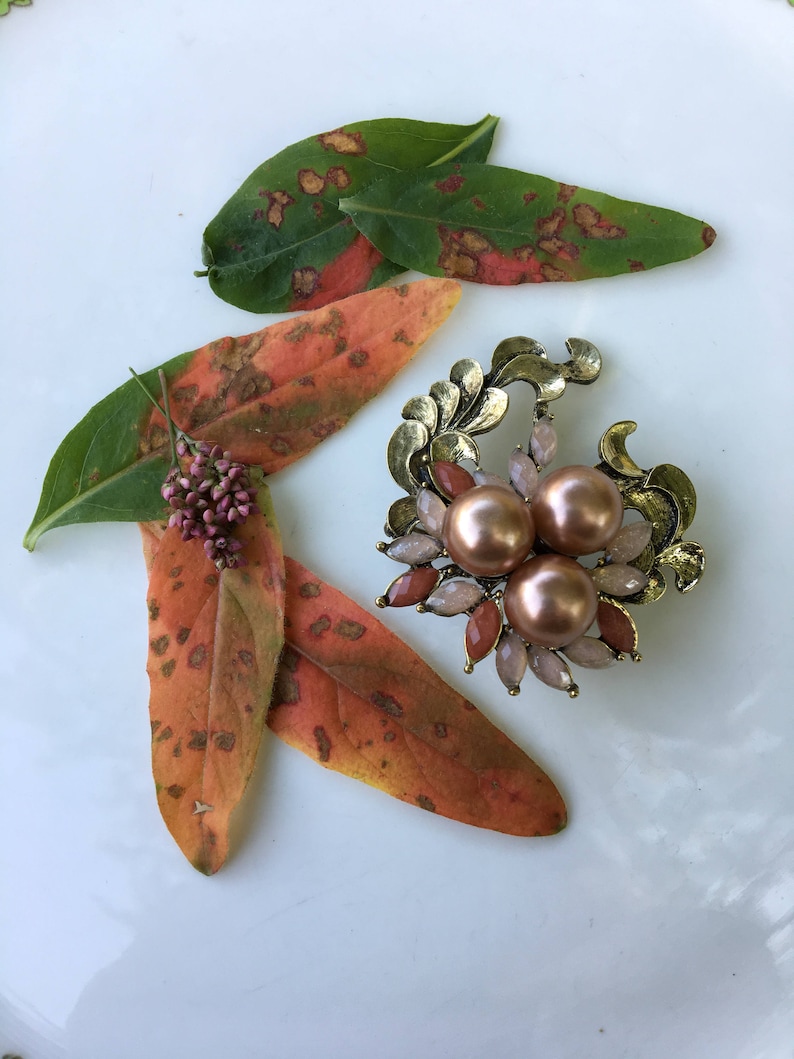 Leaf Vine Brooch Vintage Peach and Gold Sparkly Rhinestone and Faux ...