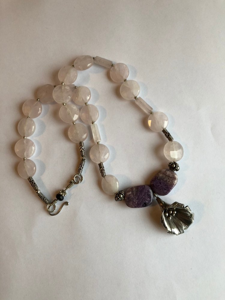 Rose Quartz Floral Necklace Boho Style With Purple Charoite Gemstone ...