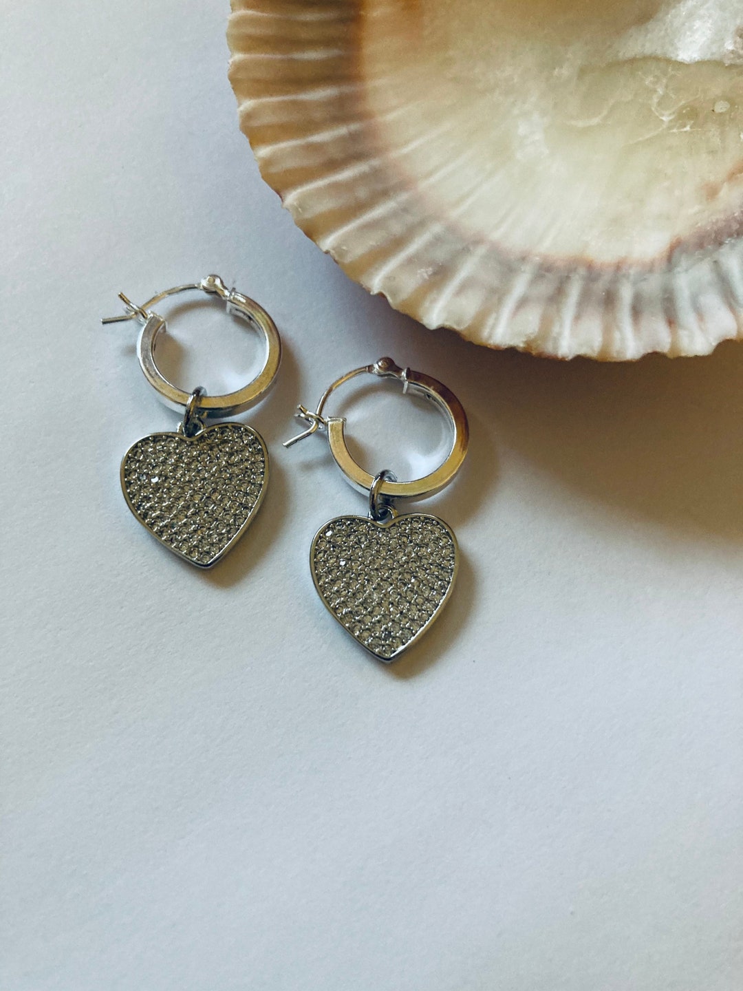 Sterling Silver Pave Heart Hoop Earrings CZ Heart Huggies Silver Small ...