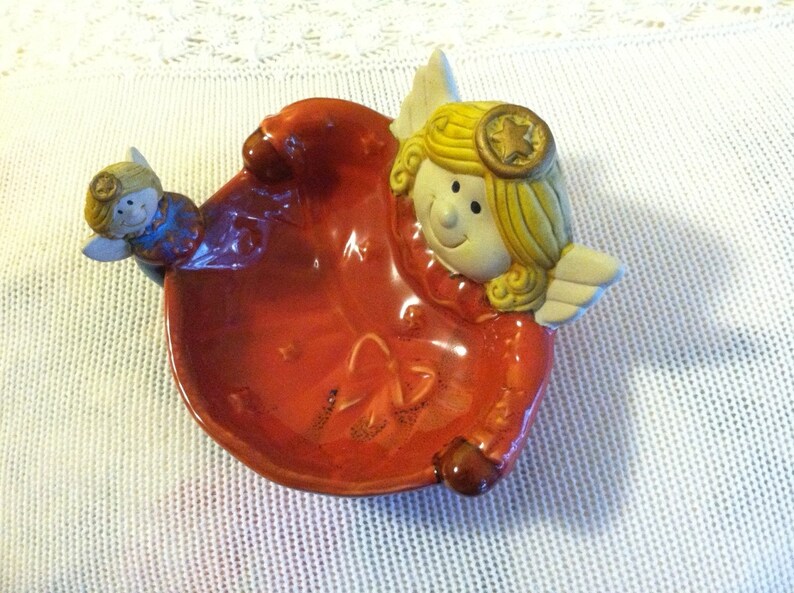 Red Angel Trinket Dish Vintage Ceramic Jewelry Dish With Two Whimsical ...