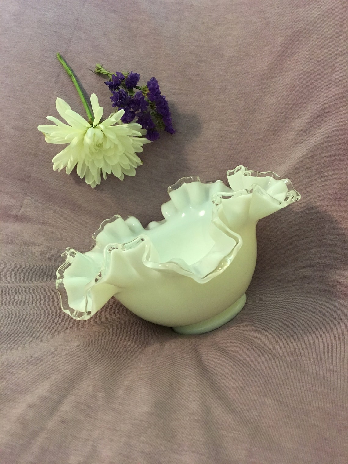 Fenton White Milk Glass Ruffled Bowl Vintage Silver Crest - Etsy