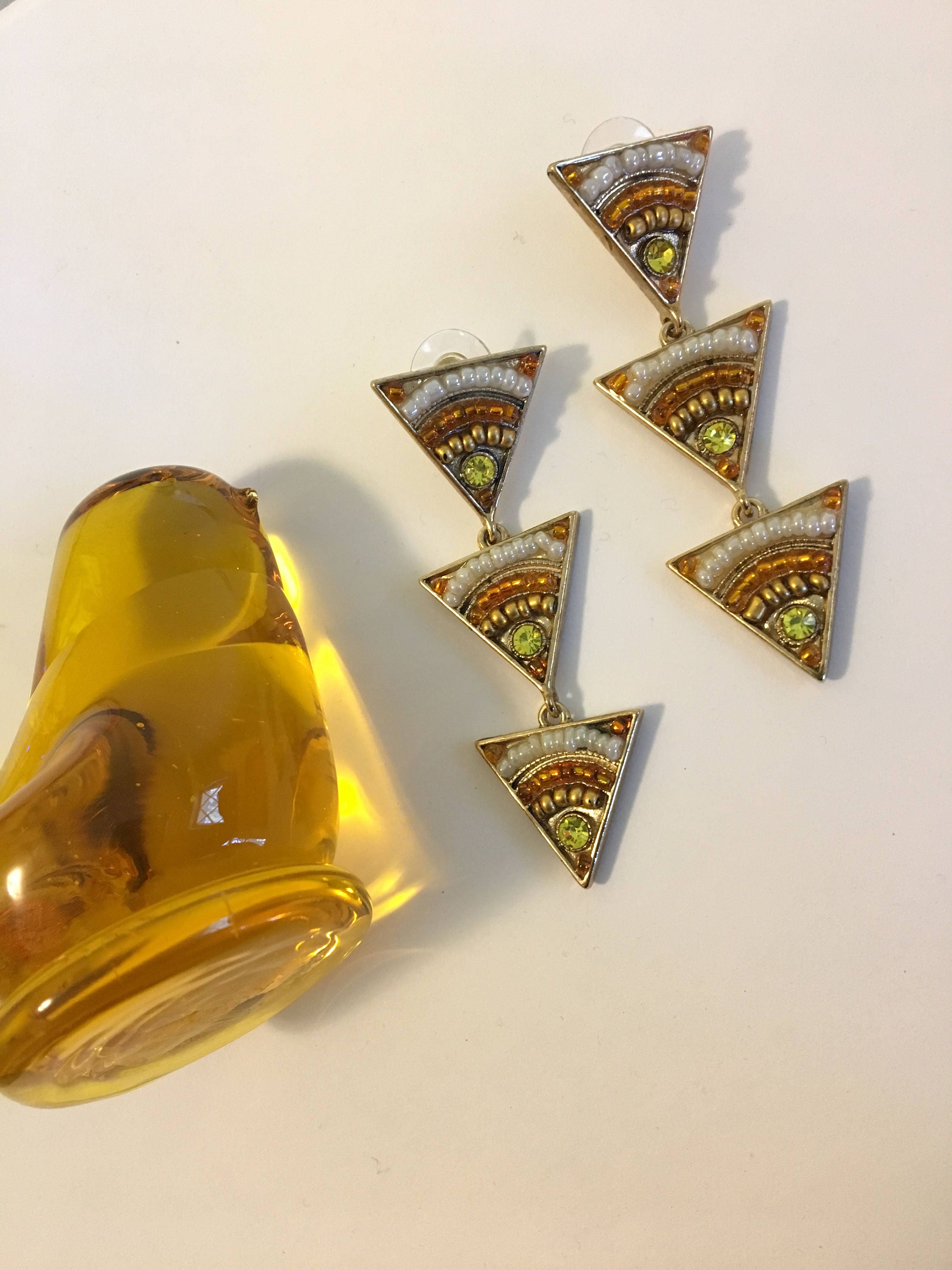 Gold Triangle Earrings Vintage Geometric Earrings With White - Etsy