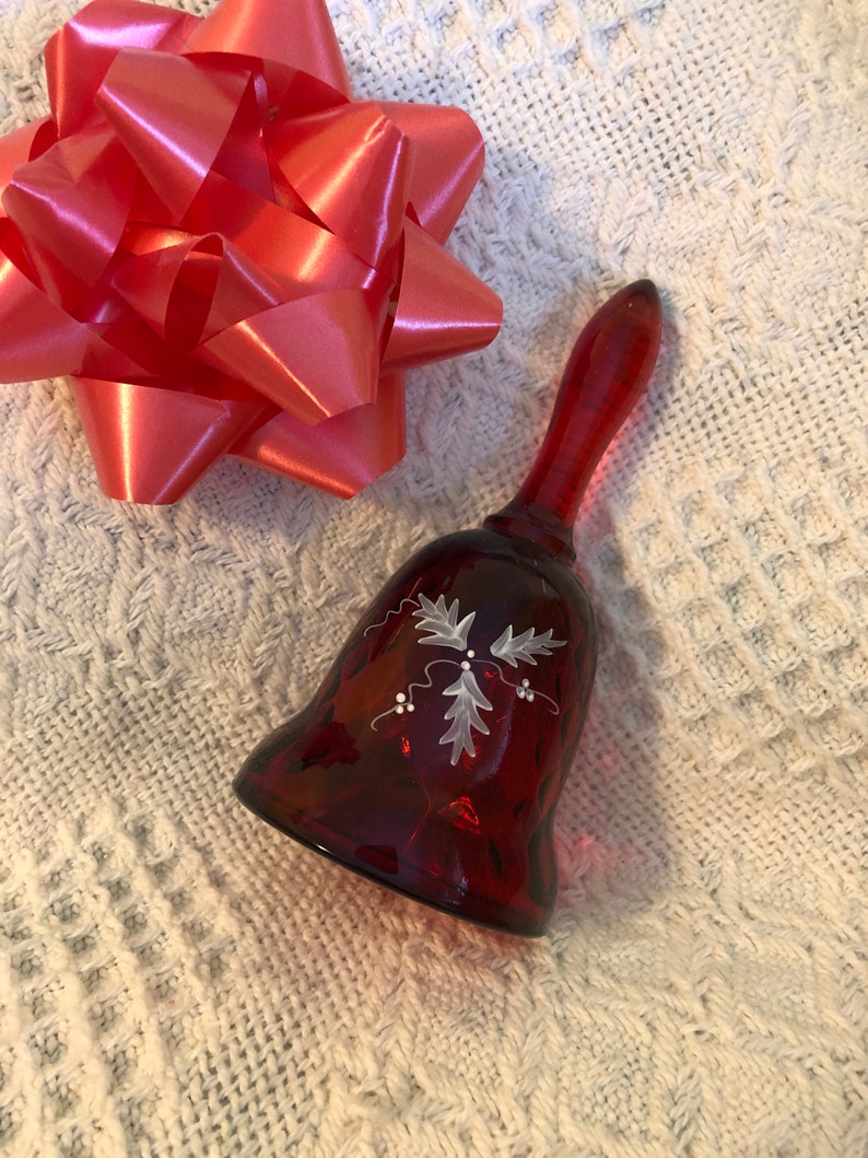 Red Glass Christmas Bell Fenton Hand Painted Art Glass With | Etsy
