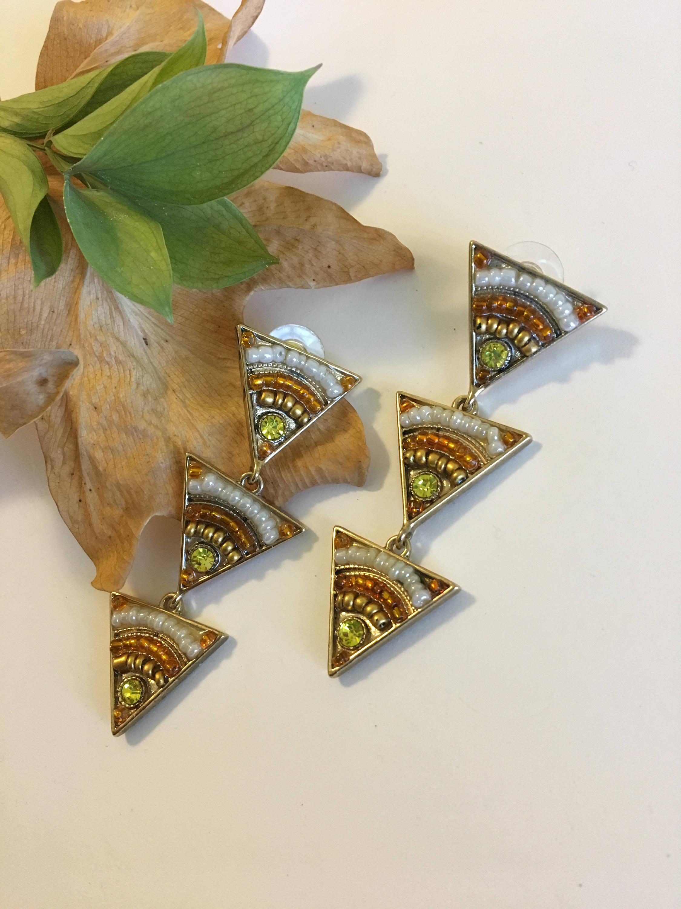 Gold Triangle Earrings Vintage Geometric Earrings With White - Etsy