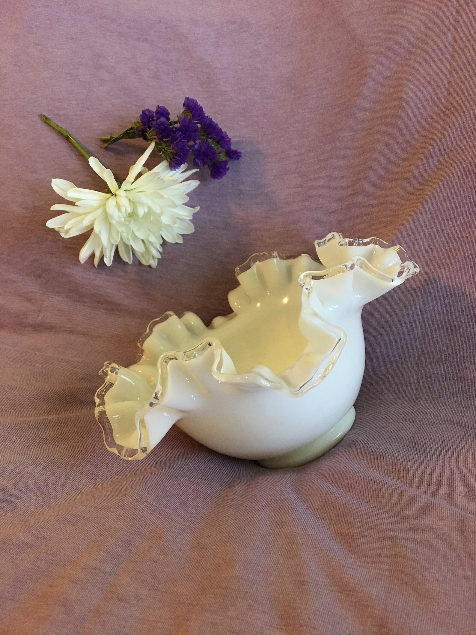 Fenton White Milk Glass Ruffled Bowl Vintage Silver Crest - Etsy