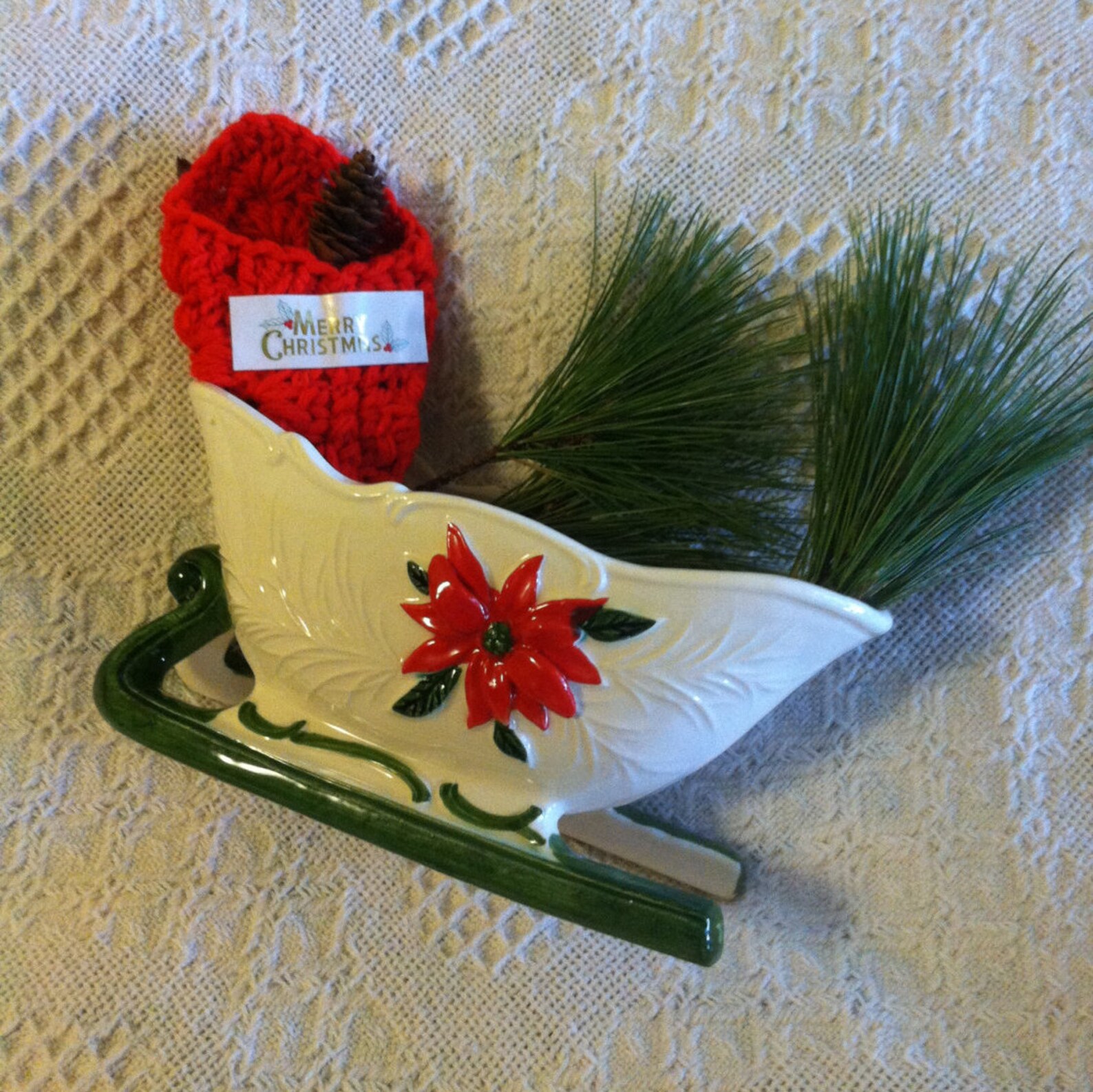Christmas Ceramic Sleigh Planter Home Decor With Poinsettias Red Green ...