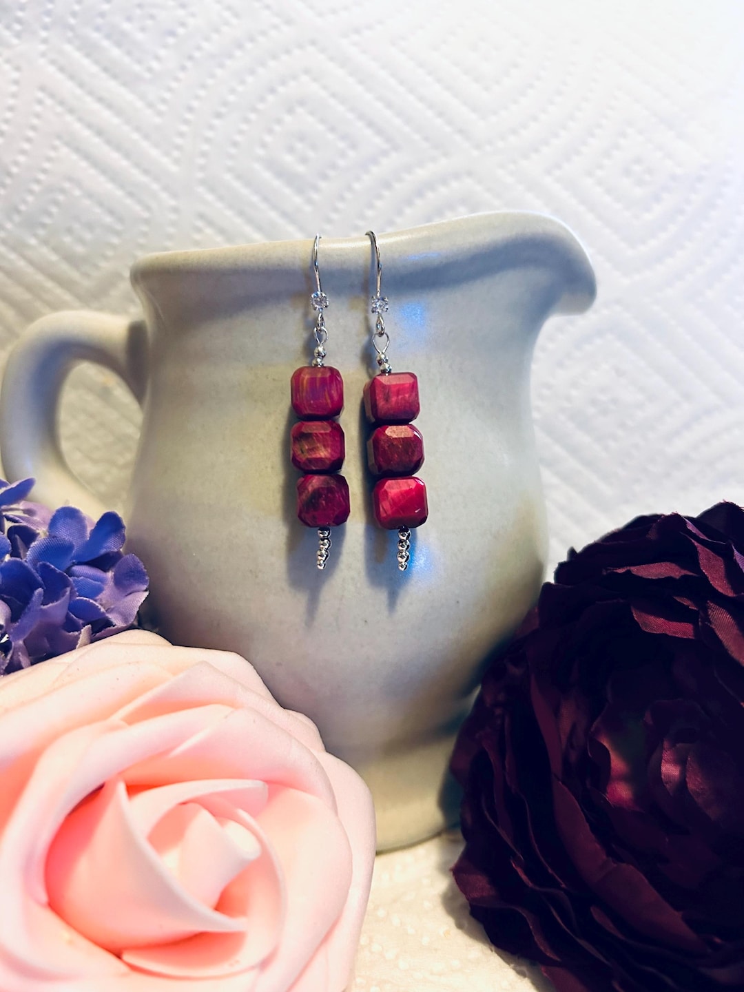 Fuschia Tiger Eye Cube Earrings Sterling Silver With Faceted Magenta ...