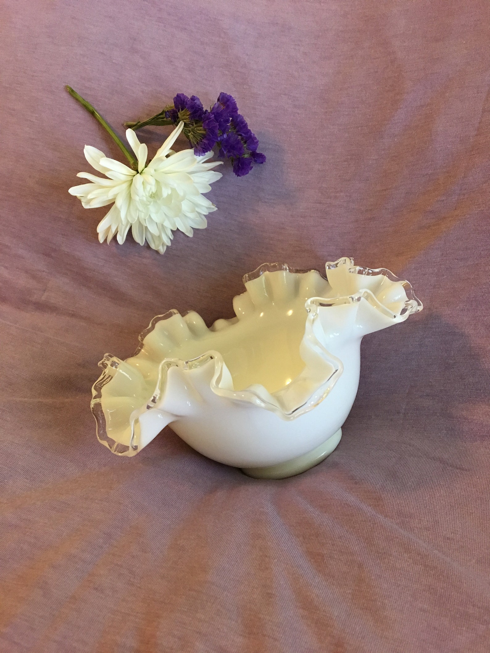 Fenton White Milk Glass Ruffled Bowl Vintage Silver Crest - Etsy