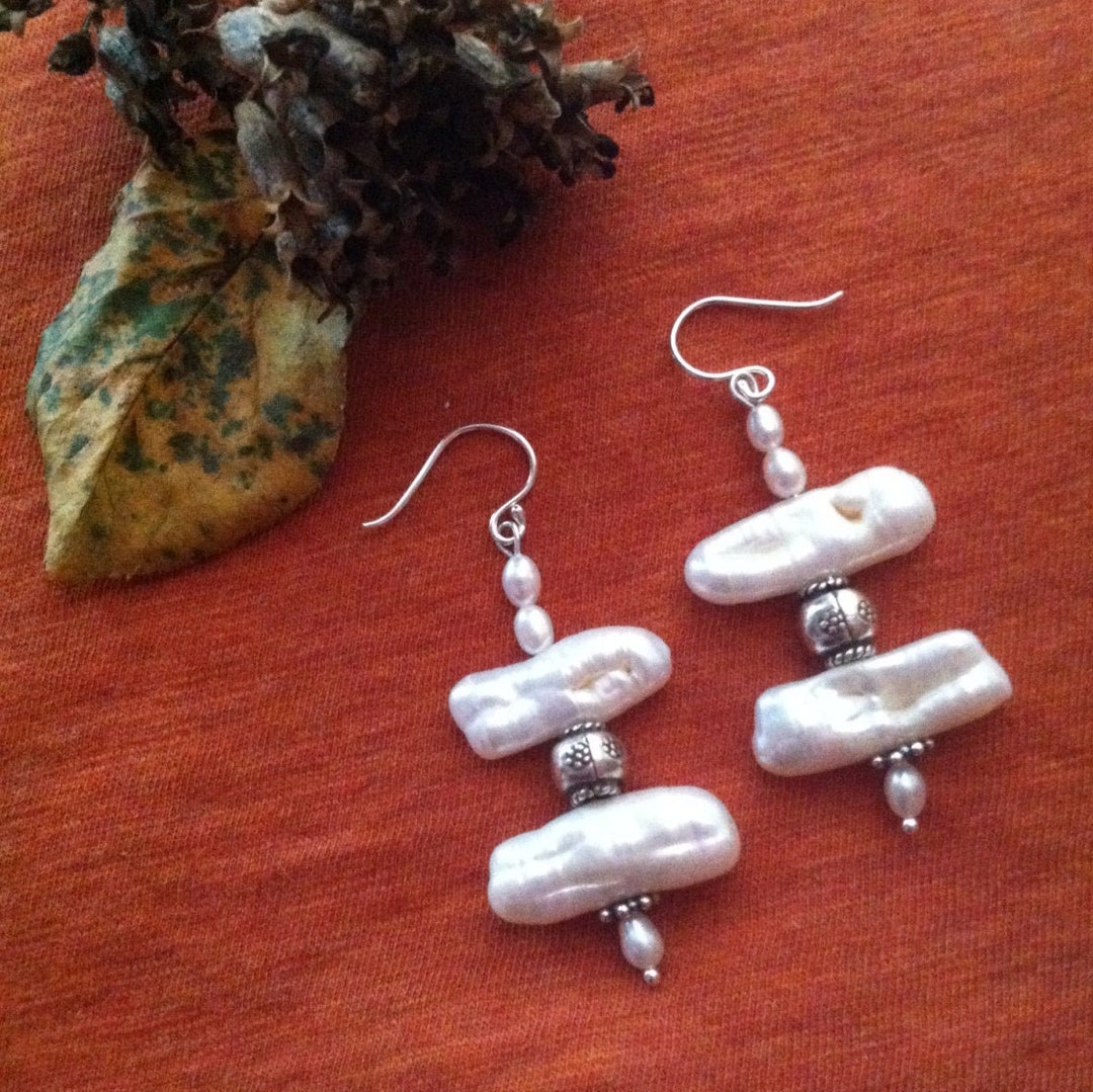 Boho White Pearl Freeform Earrings Stick Pearl With Fine Hill Tribes ...