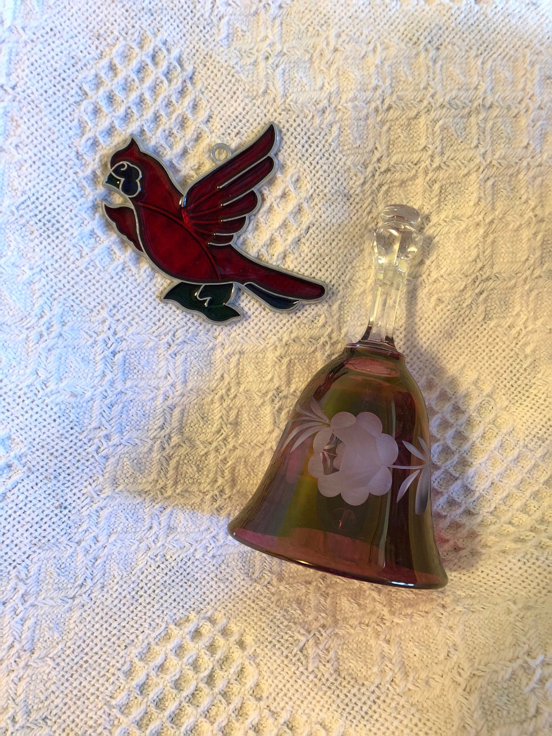 Ruby Red Glass Bell Vintage Cranberry Etched Glass With Floral Design ...