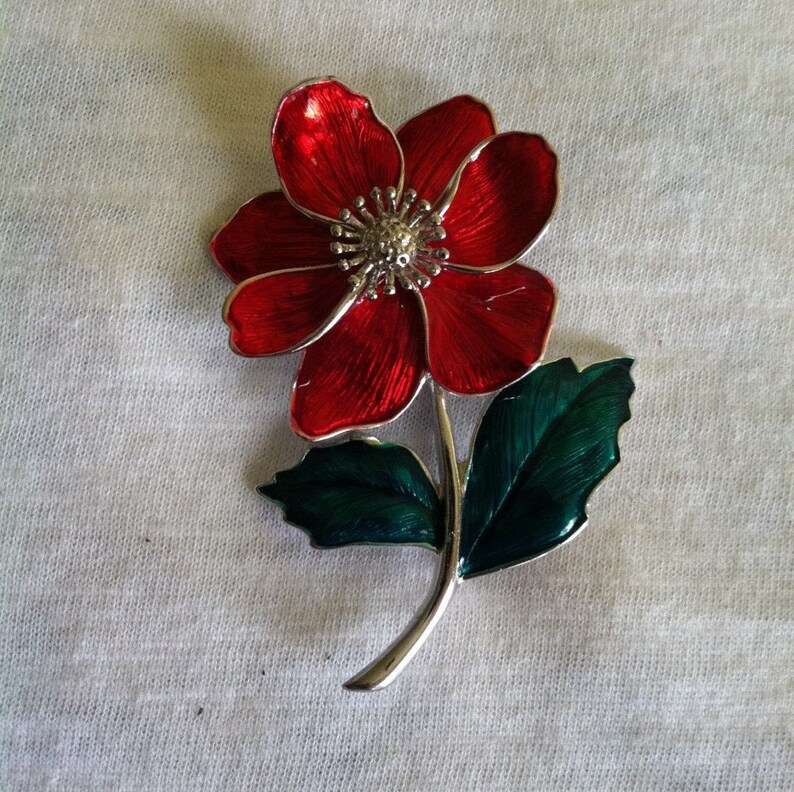 Red and Green Flower Pin Vintage Red Rose Brooch Enamel Jewelry ...