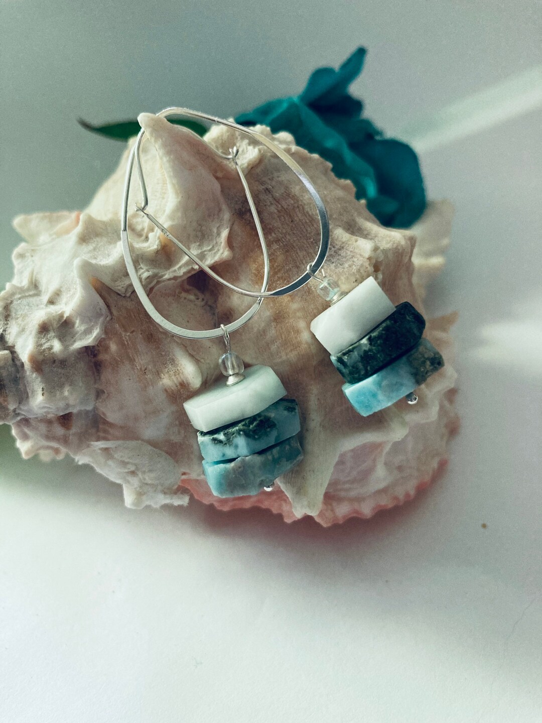 Raw Larimar Oval Hoop Earrings With Sterling Silver Natural Rare Blue ...