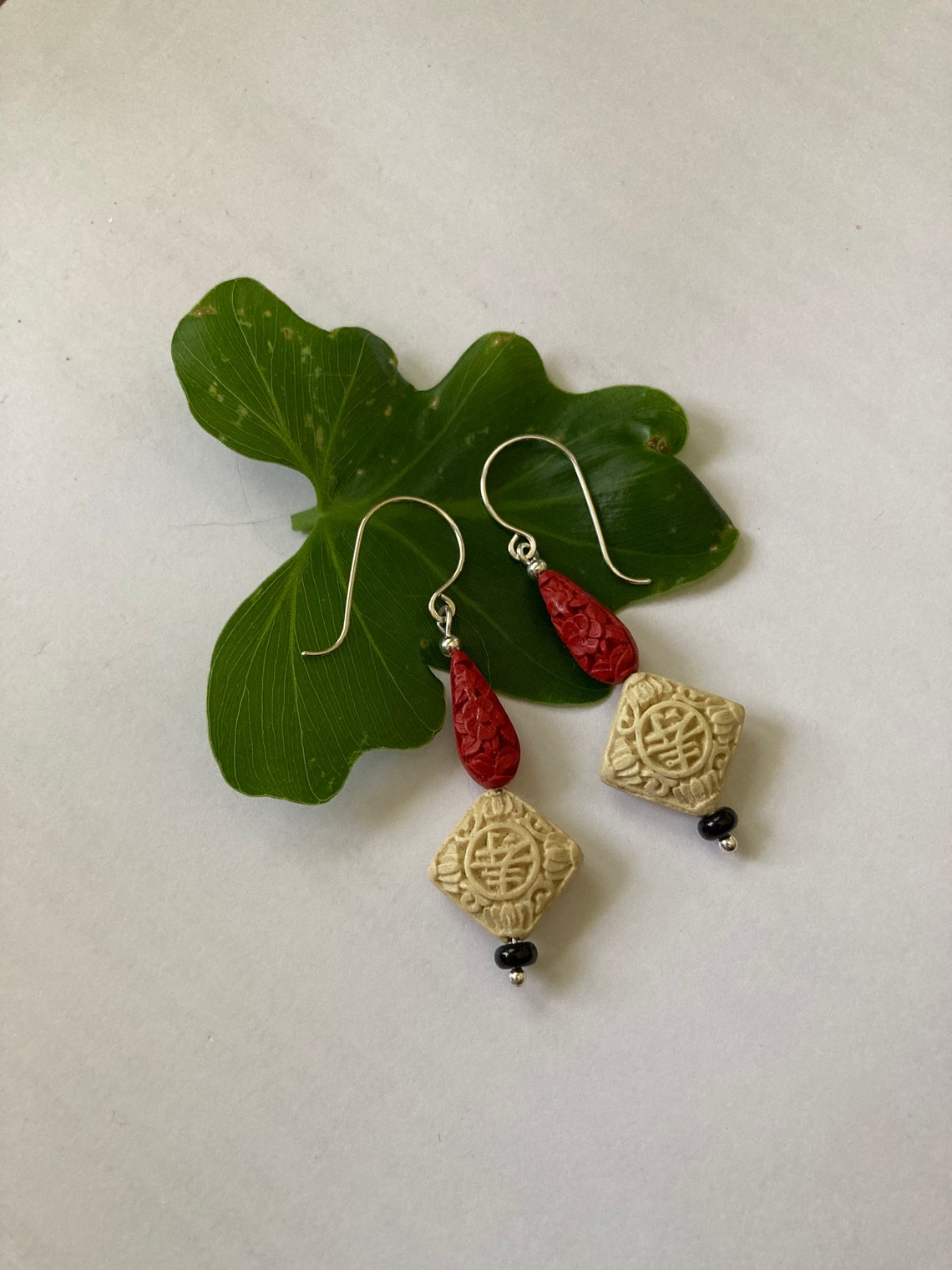 Red and White Carved Cinnabar Earrings Year of the Rabbit - Etsy