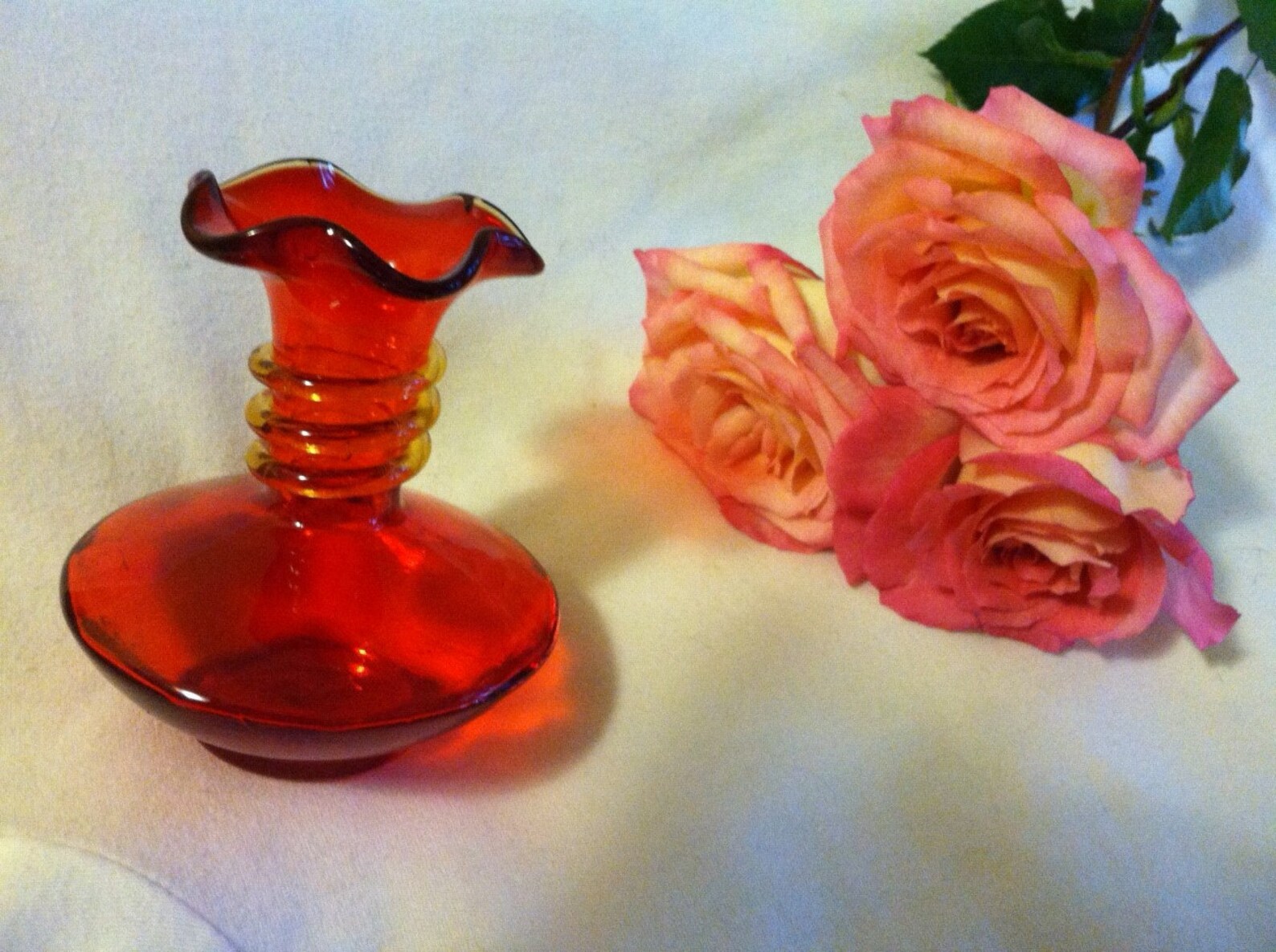 Amberina Fluted Red Vase Vintage Hand Blown Glass Red and Yellow ...