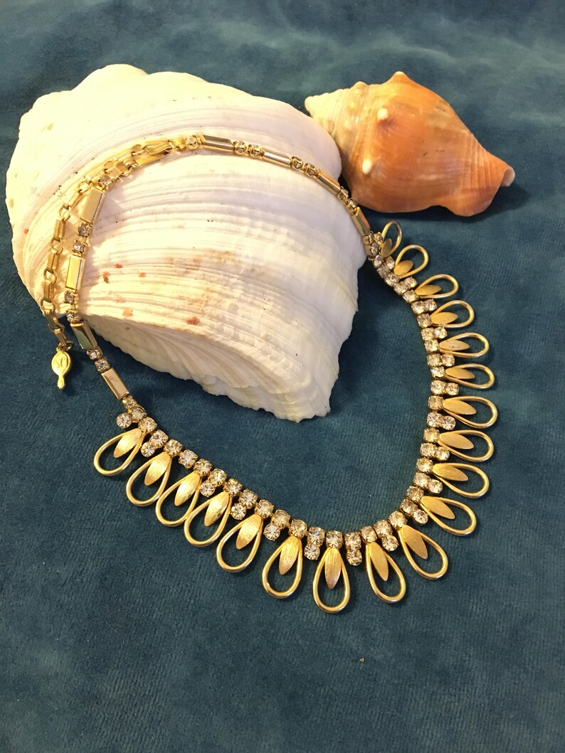 Gold Tear Drop and White Rhinestone Necklace Sarah Coventry Signed ...