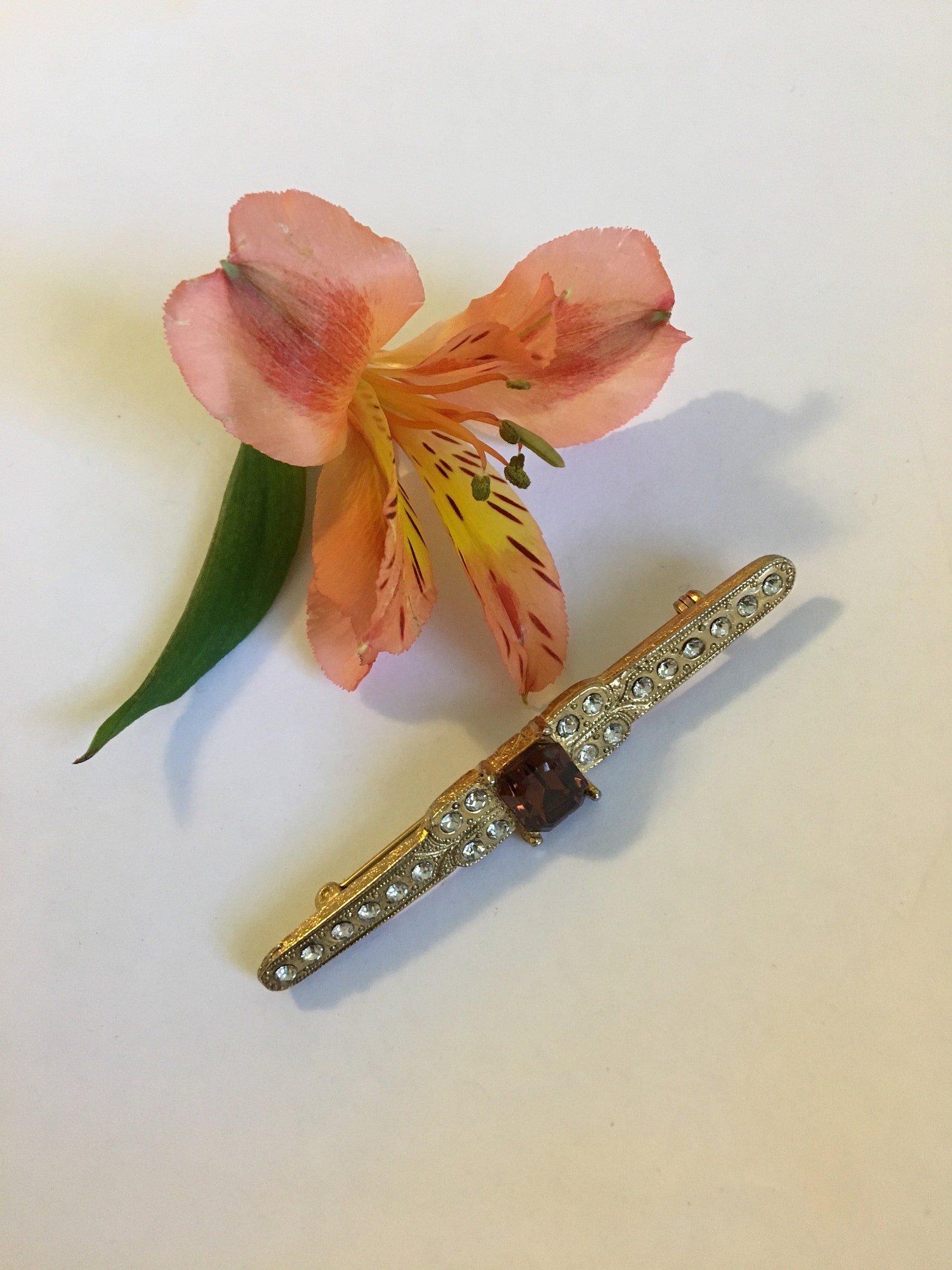 Amber and White Rhinestone Bar Brooch Vintage Brown and Gold Edwardian ...