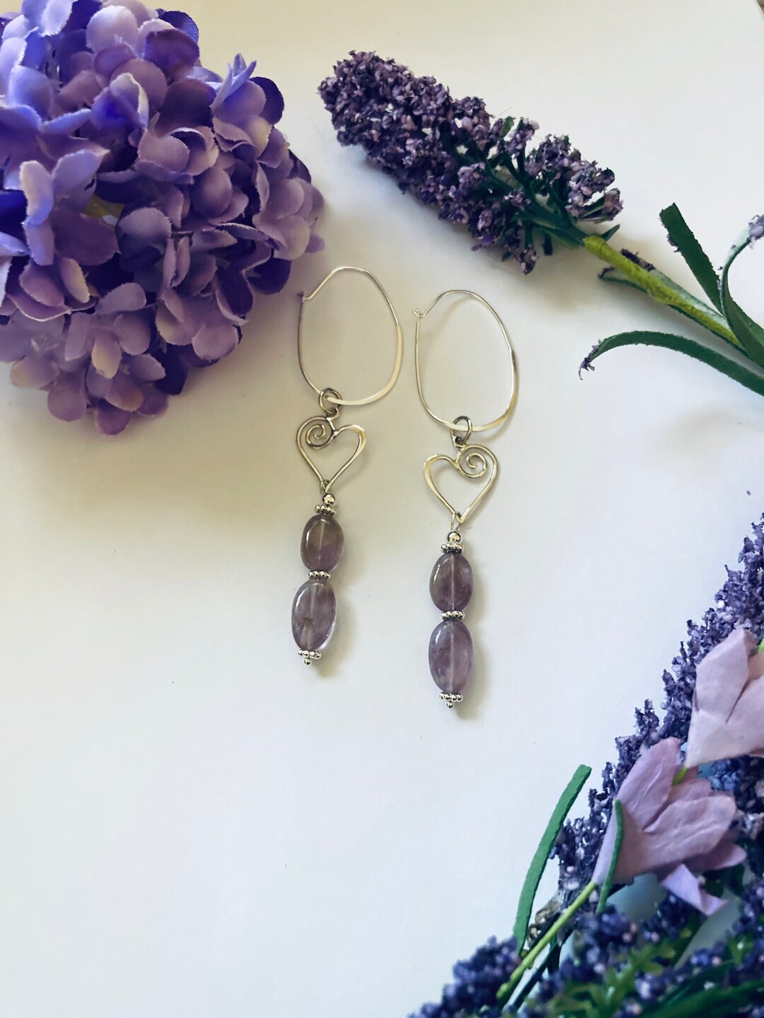 Amethyst and Sterling Silver Heart Oval Hoop Earrings Purple February ...