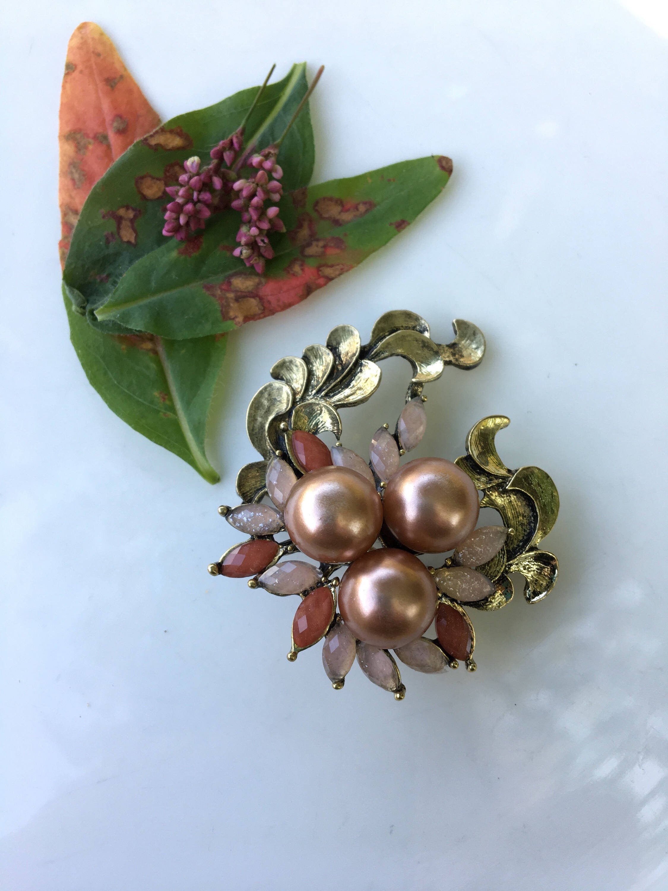 Leaf Vine Brooch Vintage Peach and Gold Sparkly Rhinestone and Faux ...
