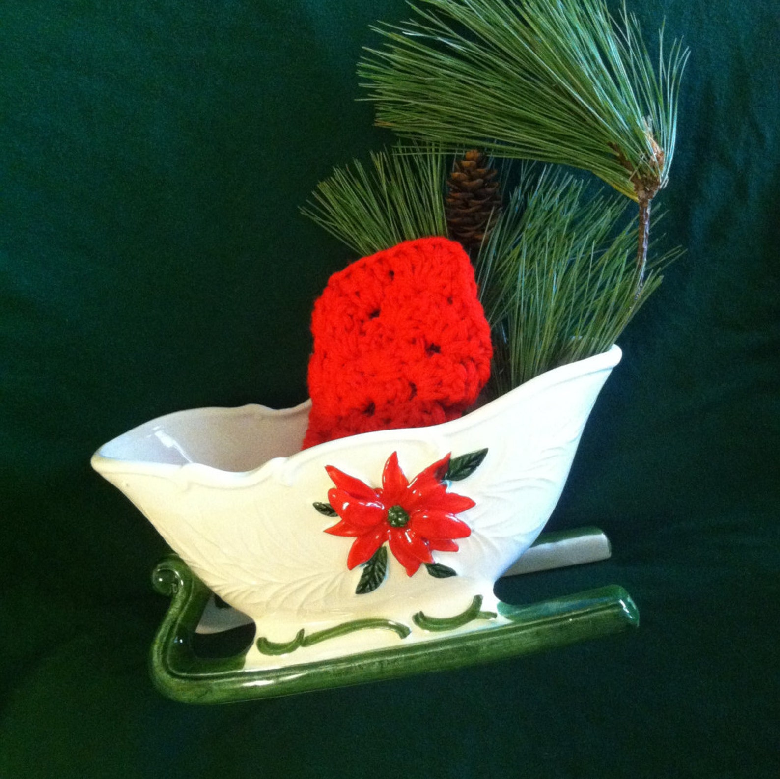 Christmas Ceramic Sleigh Planter Home Decor With Poinsettias Red Green ...