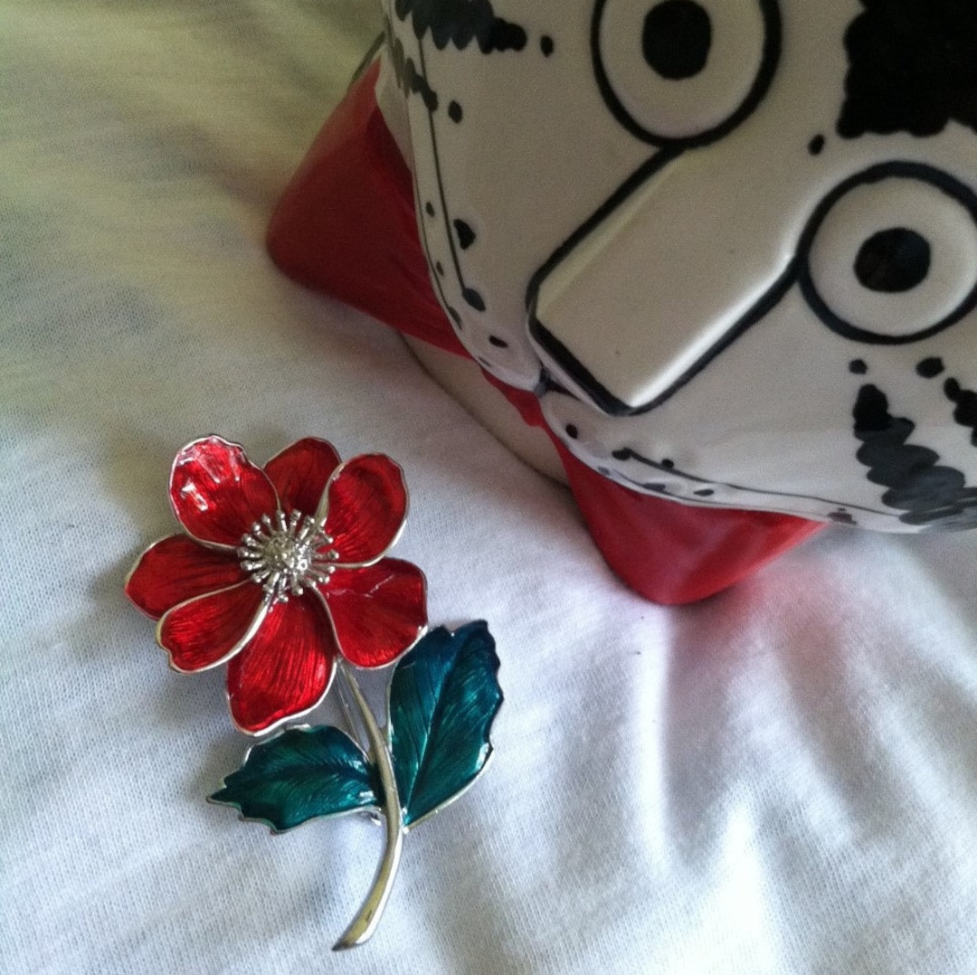 Red and Green Flower Pin Vintage Red Rose Brooch Enamel Jewelry ...