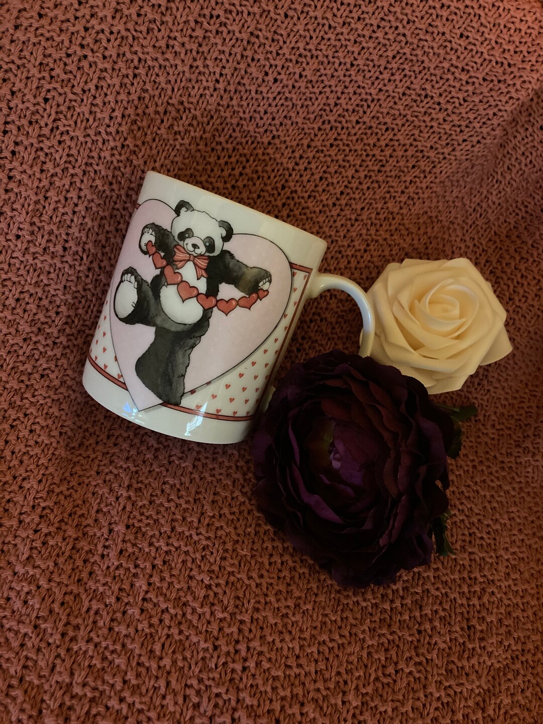 Panda Bear Mug With Hearts Vintage Pink White and Black Dancing Panda ...