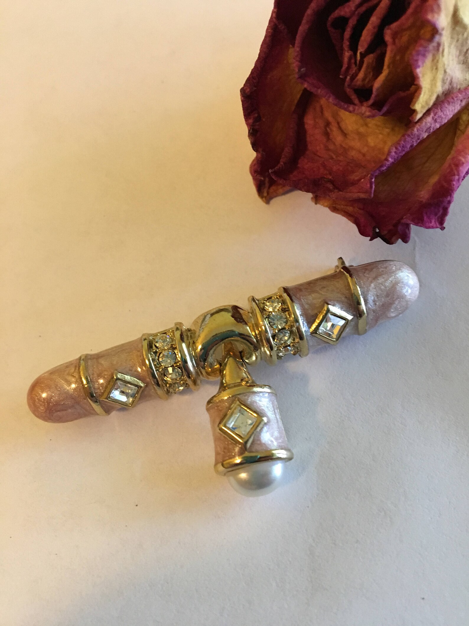 Pink Enamel Bar Brooch Sandy Bella Pin With White Rhinestones and Faux ...