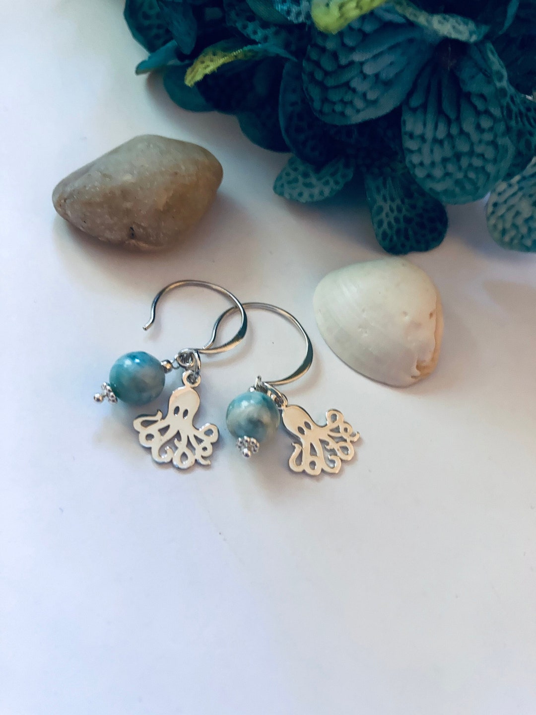 Octopus Earrings With Blue Larimar Gemstone Beads and Sterling Silver ...