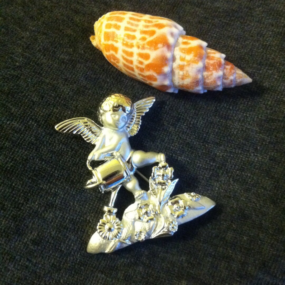Gardening Angel Brooch Cherub Angel Watering Flowers Pin Vintage AJC ...