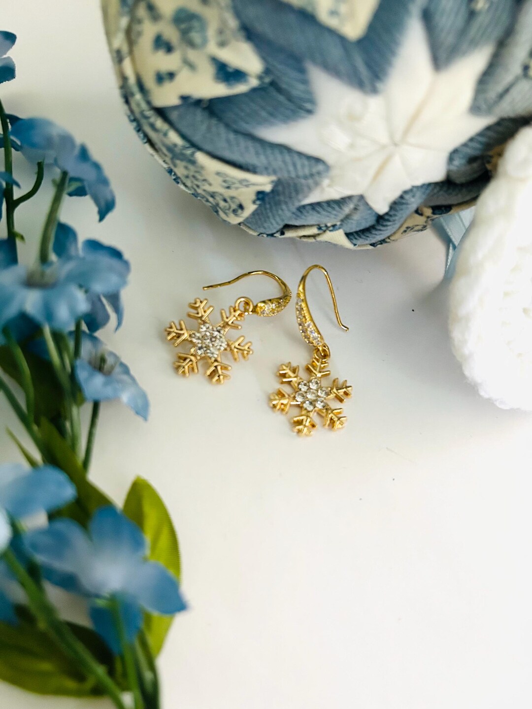 Snowflake Earrings Gold Plated With Cubic Zirconia Crystals and Clear ...
