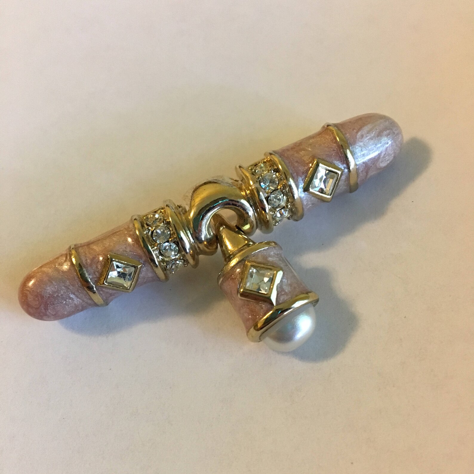 Pink Enamel Bar Brooch Sandy Bella Pin With White Rhinestones and Faux ...
