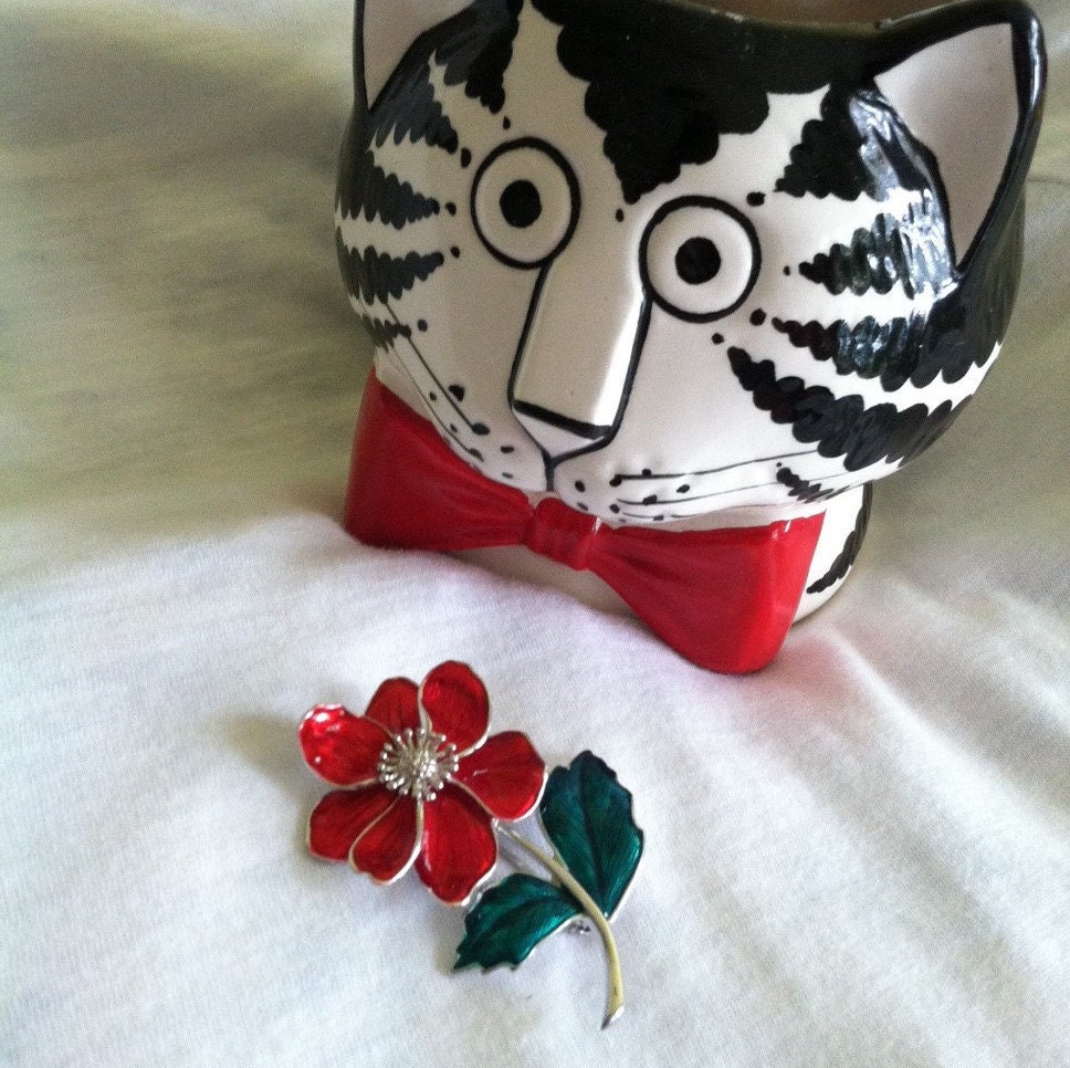 Red and Green Flower Pin Vintage Red Rose Brooch Enamel Jewelry ...