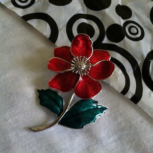 Red and Green Flower Pin Vintage Red Rose Brooch Enamel Jewelry ...