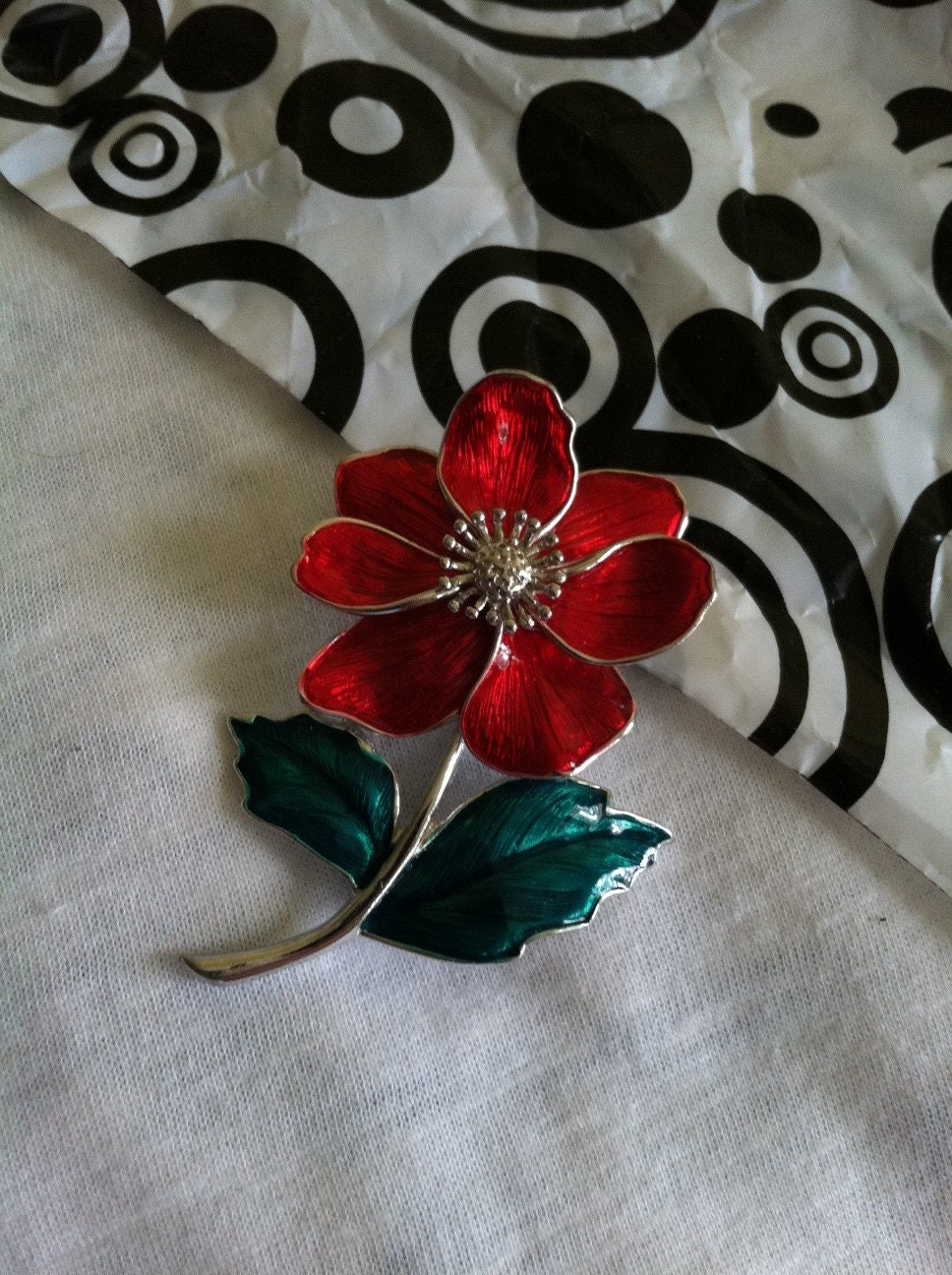 Red and Green Flower Pin Vintage Red Rose Brooch Enamel Jewelry ...