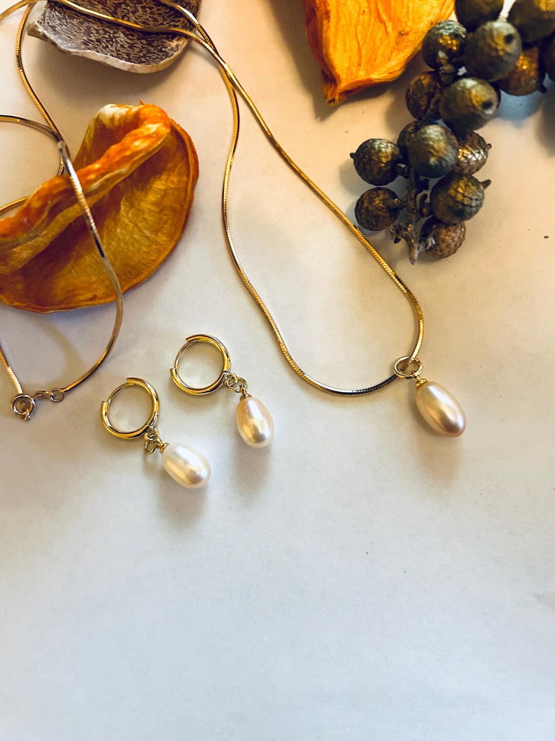 Peach Pearl Earrings and Necklace Set Dainty Every Day Work Job ...