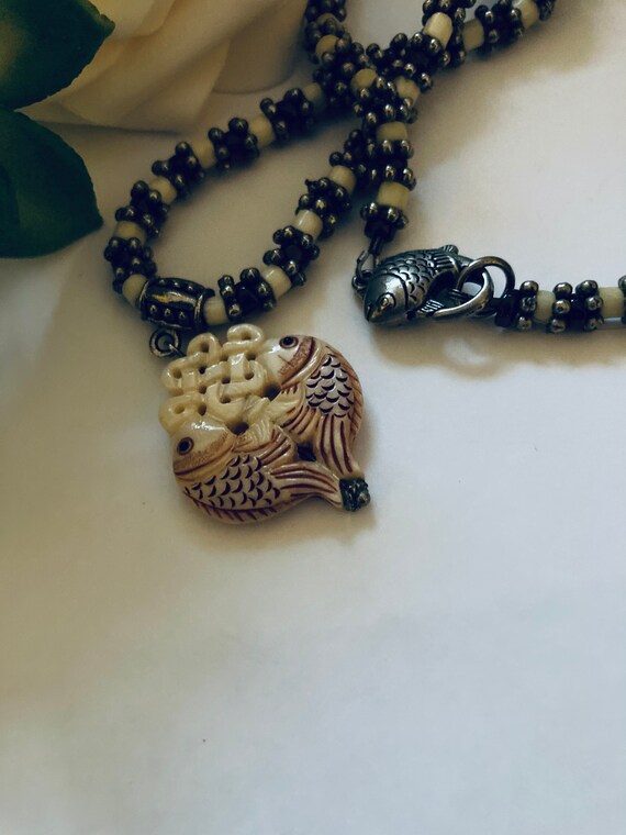 Chinese Double Fish Necklace Vintage Handmade with Be… - Gem