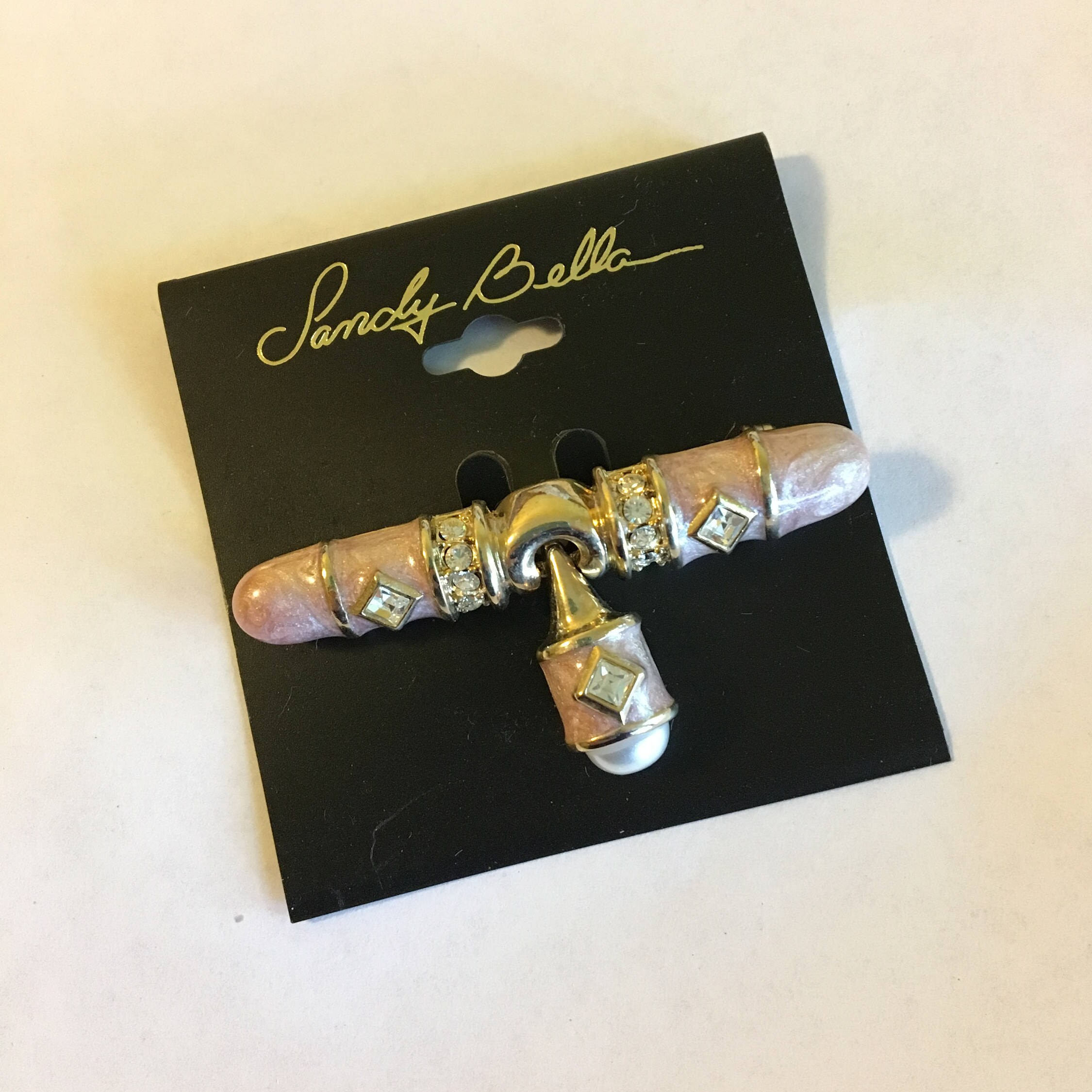 Pink Enamel Bar Brooch Sandy Bella Pin With White Rhinestones and Faux ...