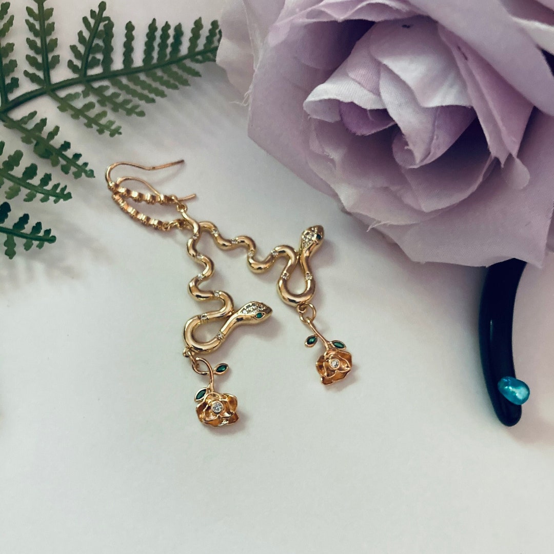 Rose and Snake Gold Earrings 10K Gold Plated Flowers and 14K Gold ...