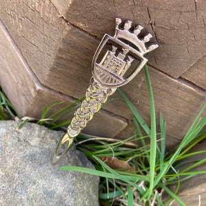 Silver Celtic Sword Brooch With Castle Crown and Knot Designs Cosplay ...