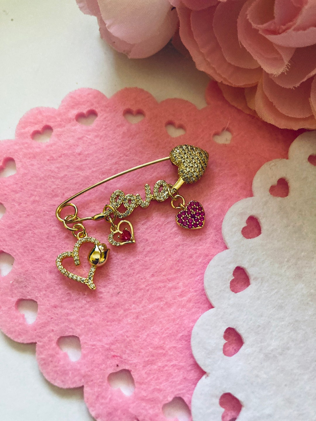 Gold Micro Pave Safety Pin Brooch With Heart Charms Trendy Modern Love ...
