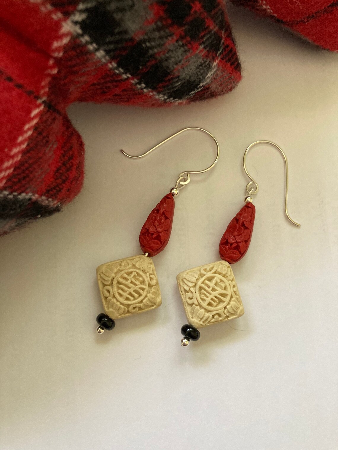 Red and White Carved Cinnabar Earrings Year of the Rabbit - Etsy